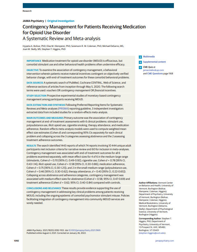 Contingency Management for Patients Receiving Medication for Opioid Use ... Contingency Management for Patients Receiving Medication for Opioid Use ...